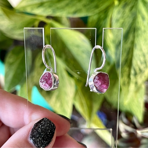 Jewelry | Raw Rubellite Tourmaline Crystal Sterling Silver Earrings ...